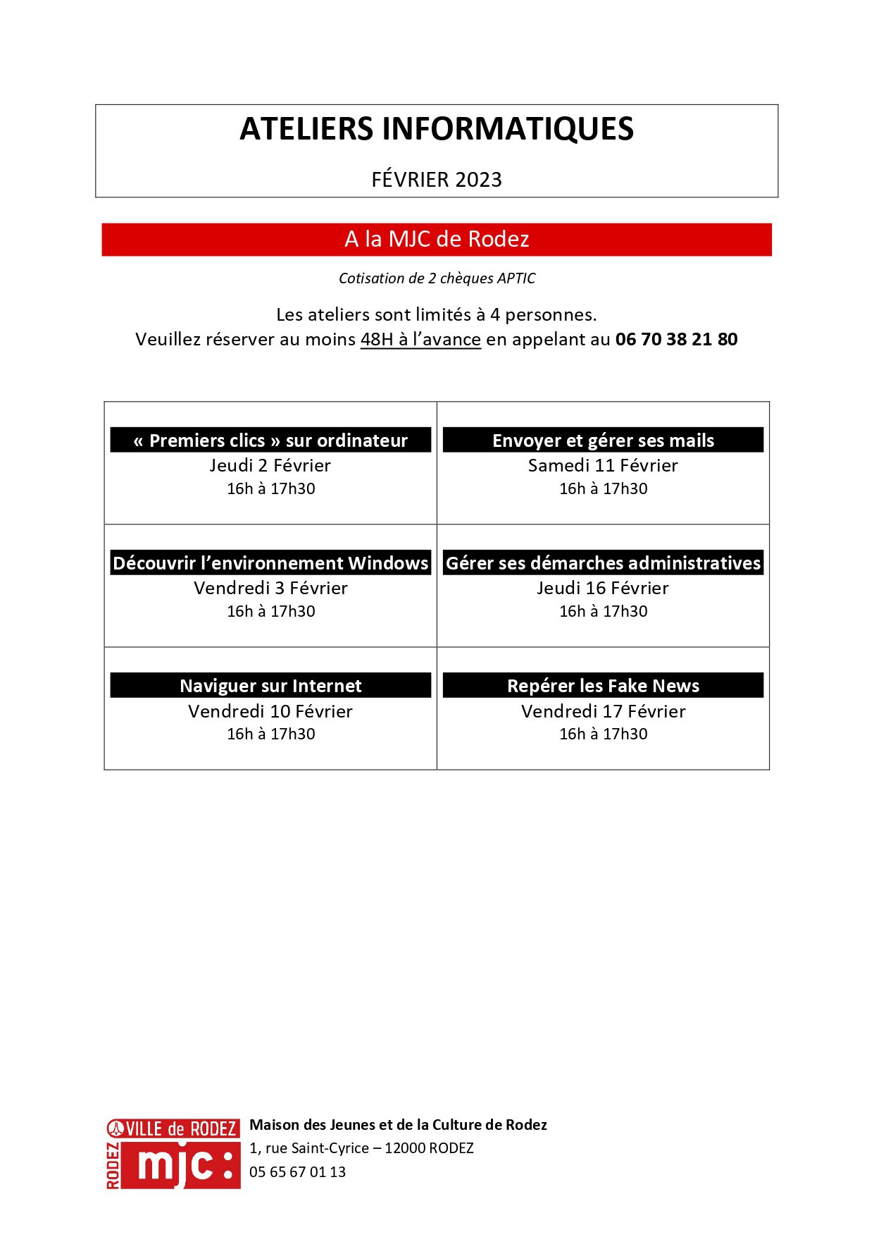 Planning des ateliers informatiques - Février 2023 - MJC Rodez
