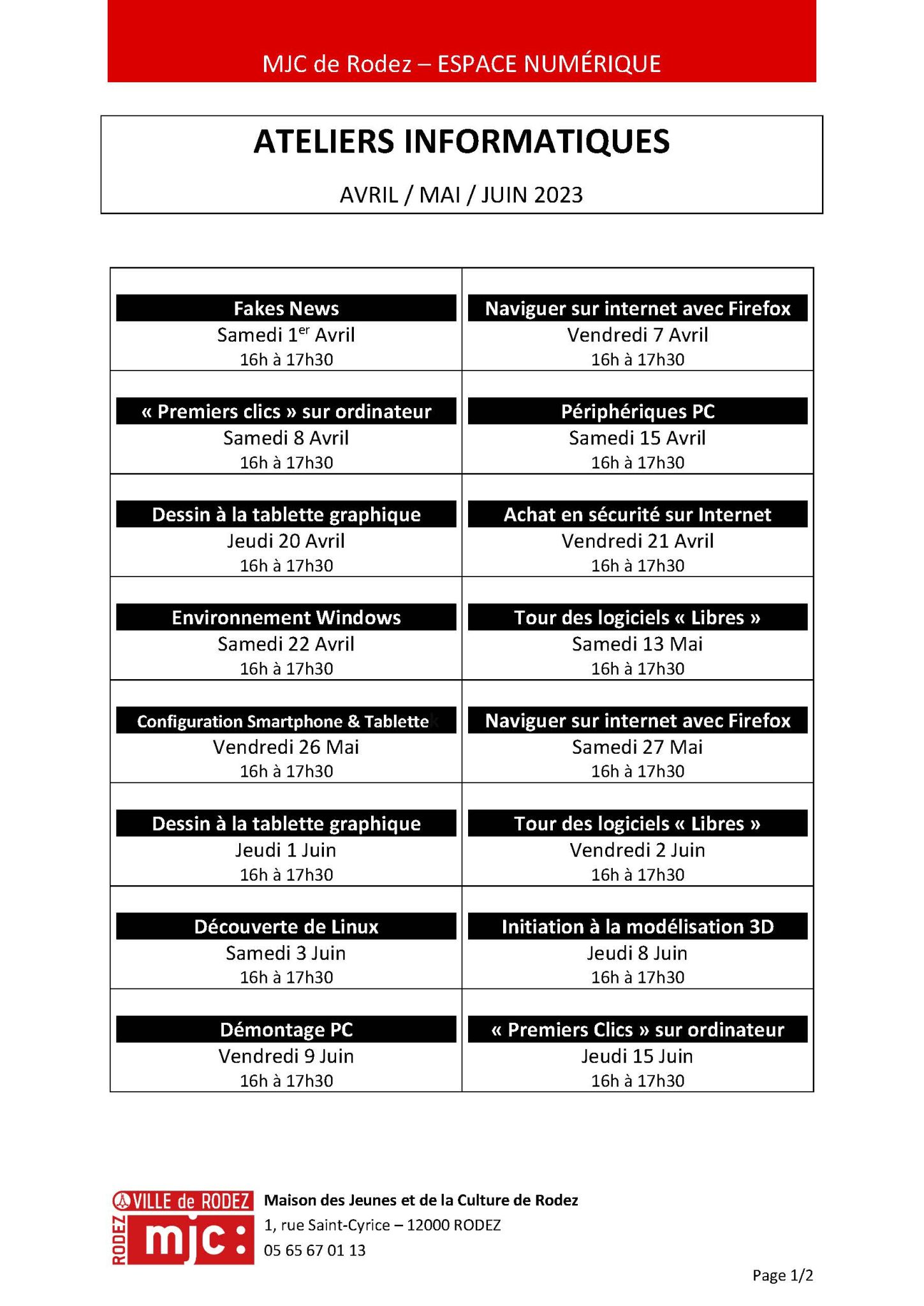 Planning des ateliers informatiques - avril mai juin 2023 - MJC Rodez